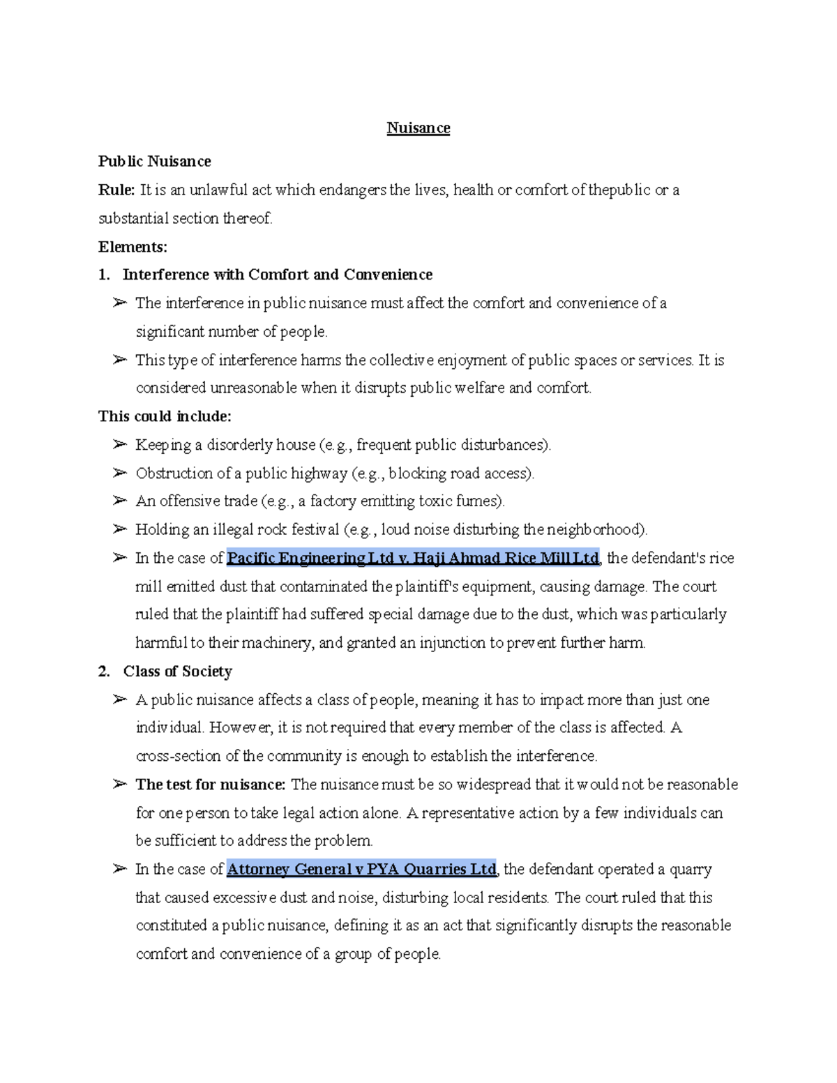 Nuisance - Study notes - Nuisance Public Nuisance Rule: It is an ...