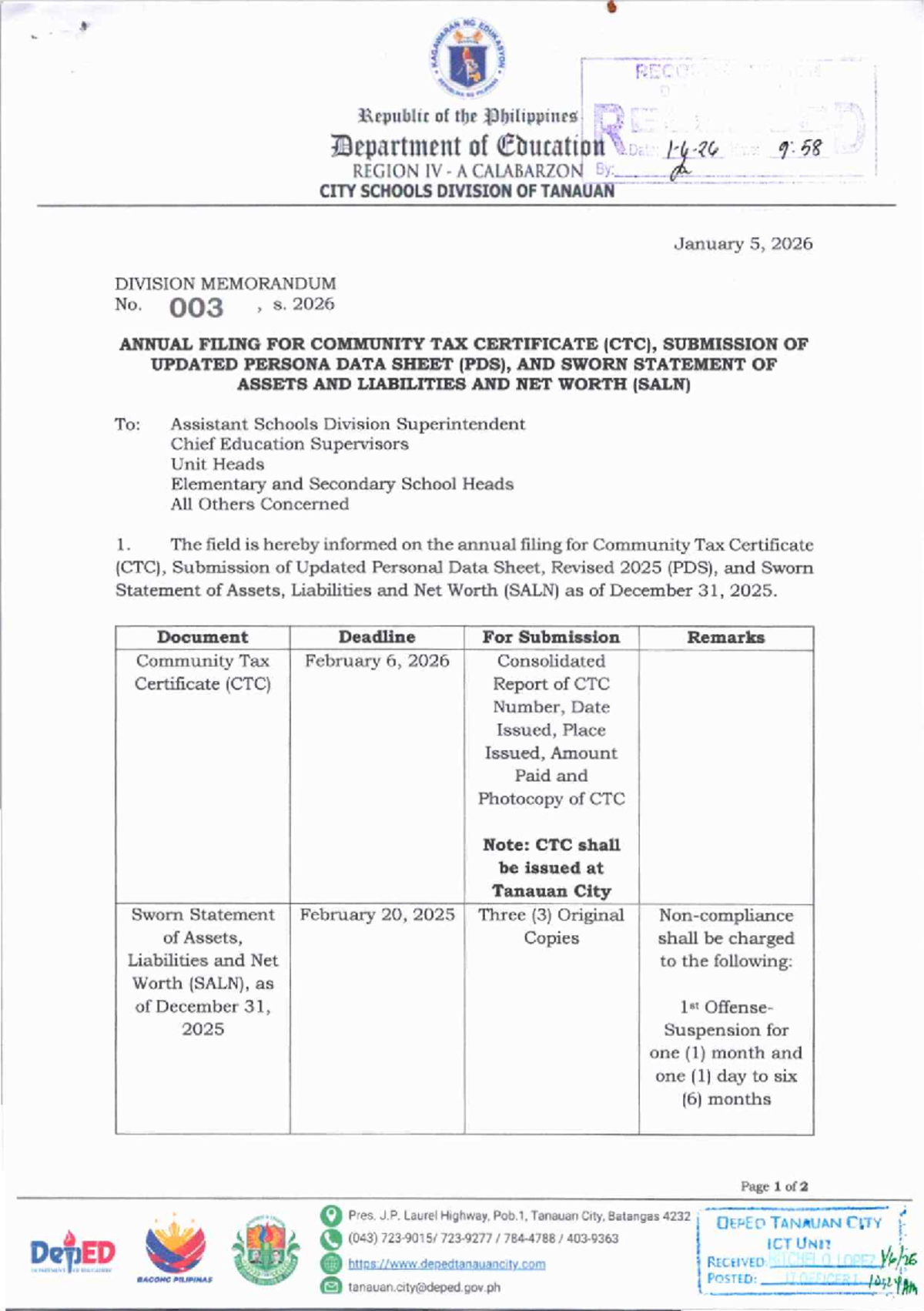 DM003 S. 2026: Annual Filing for CTC, PDS, and SALN Compliance - Studocu