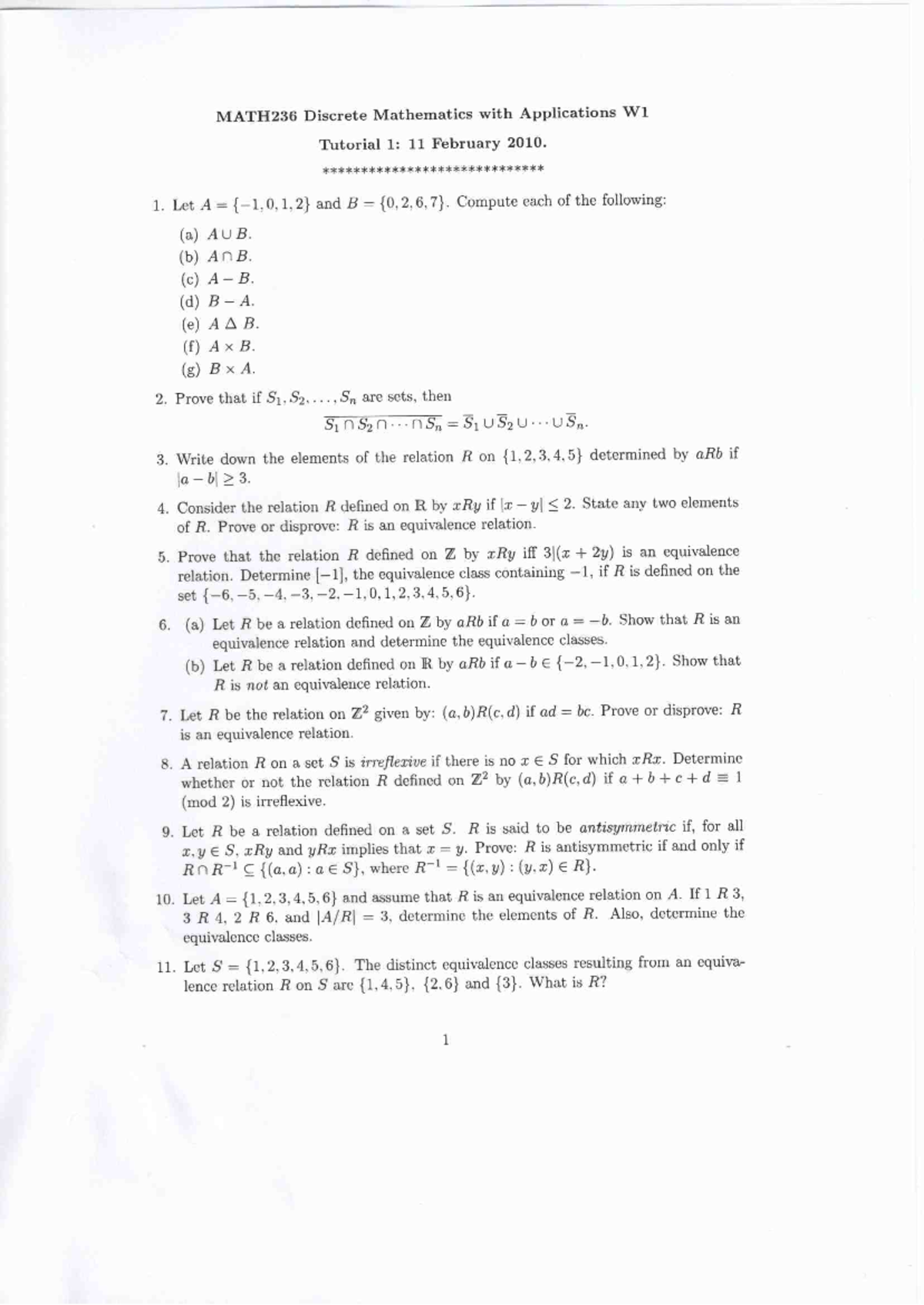 Tutorial 1 Solutions - MATH236 Discrete Mathematics with Applications ...