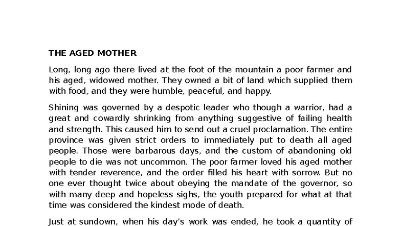 THE AGED MOTHER - ESSAY ANALYSIS AND INTERPRETATION - Studocu