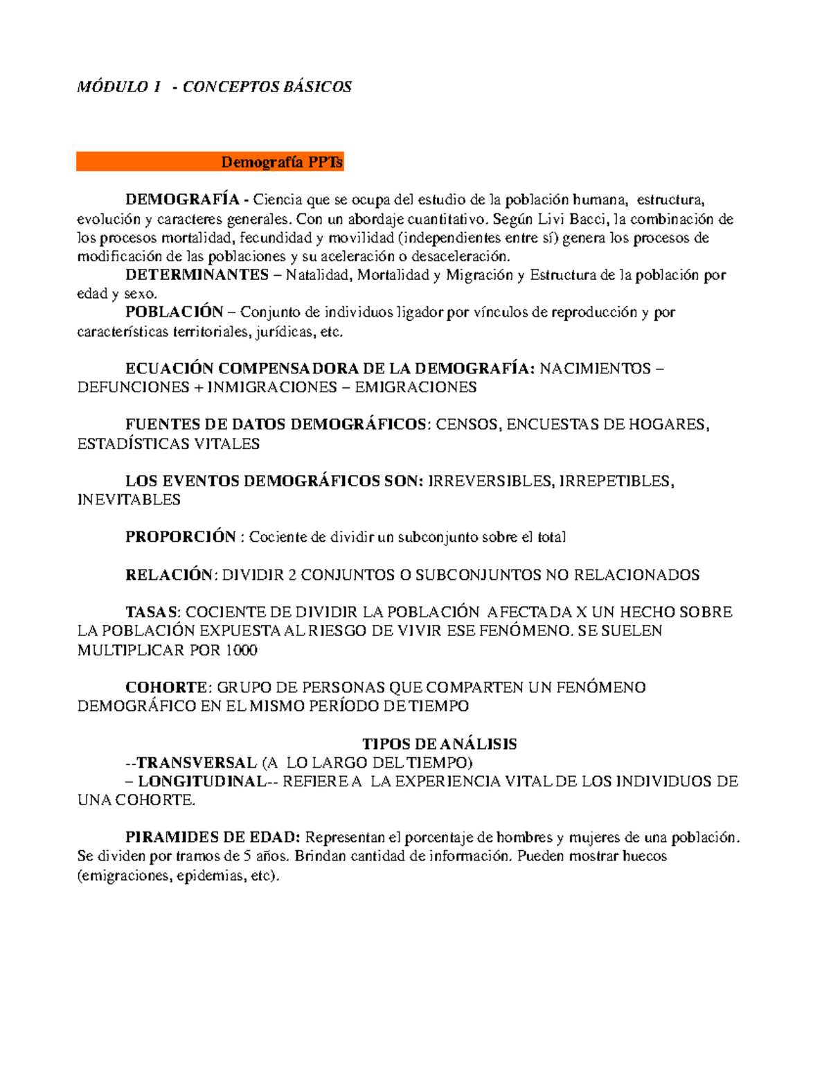 MÓDULO 1: CONCEPTOS BÁSICOS EN DEMOGRAFÍA - RESUMEN DE LA MATERIA - Studocu