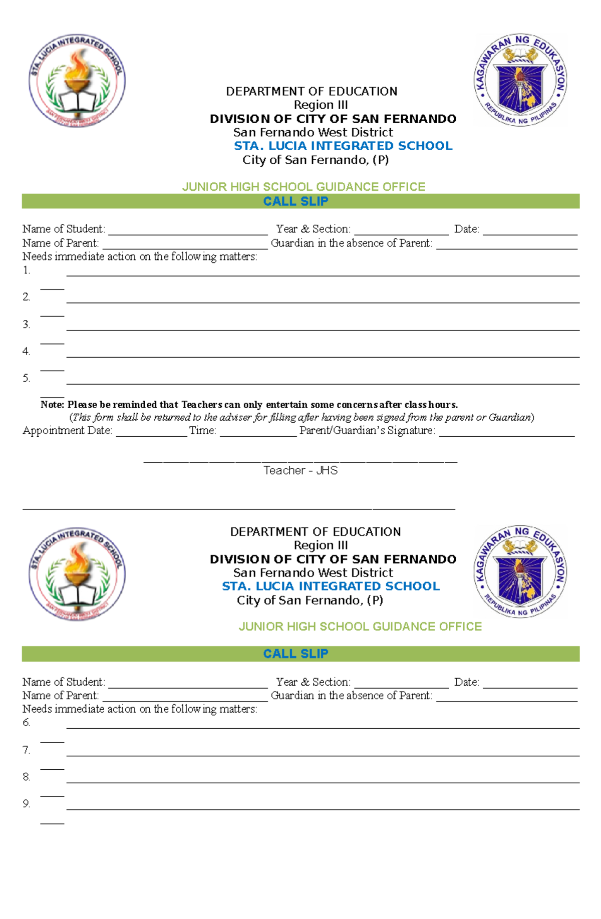 Guidance Form Call Slip - DEPARTMENT OF EDUCATION Region III DIVISION ...