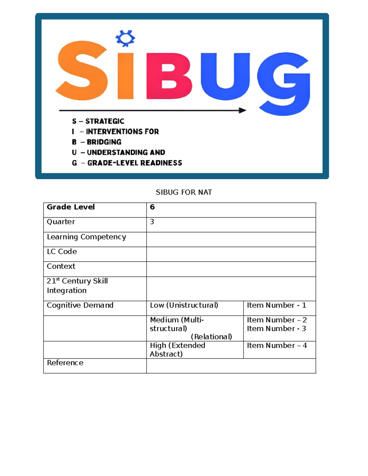 SIBUG FOR NAT Grade 6 Q3 Learning Competency Assessment Template - Studocu