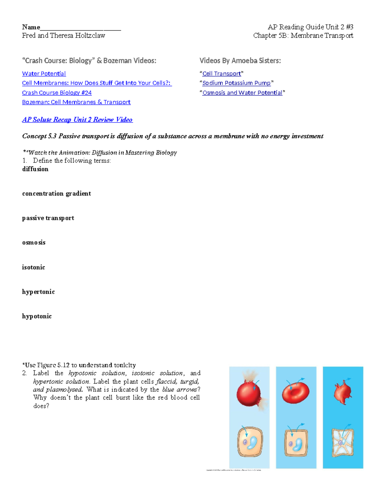 AP Biology Unit 2 Reading Guide: Membrane Transport (Chapter 5B) - Studocu