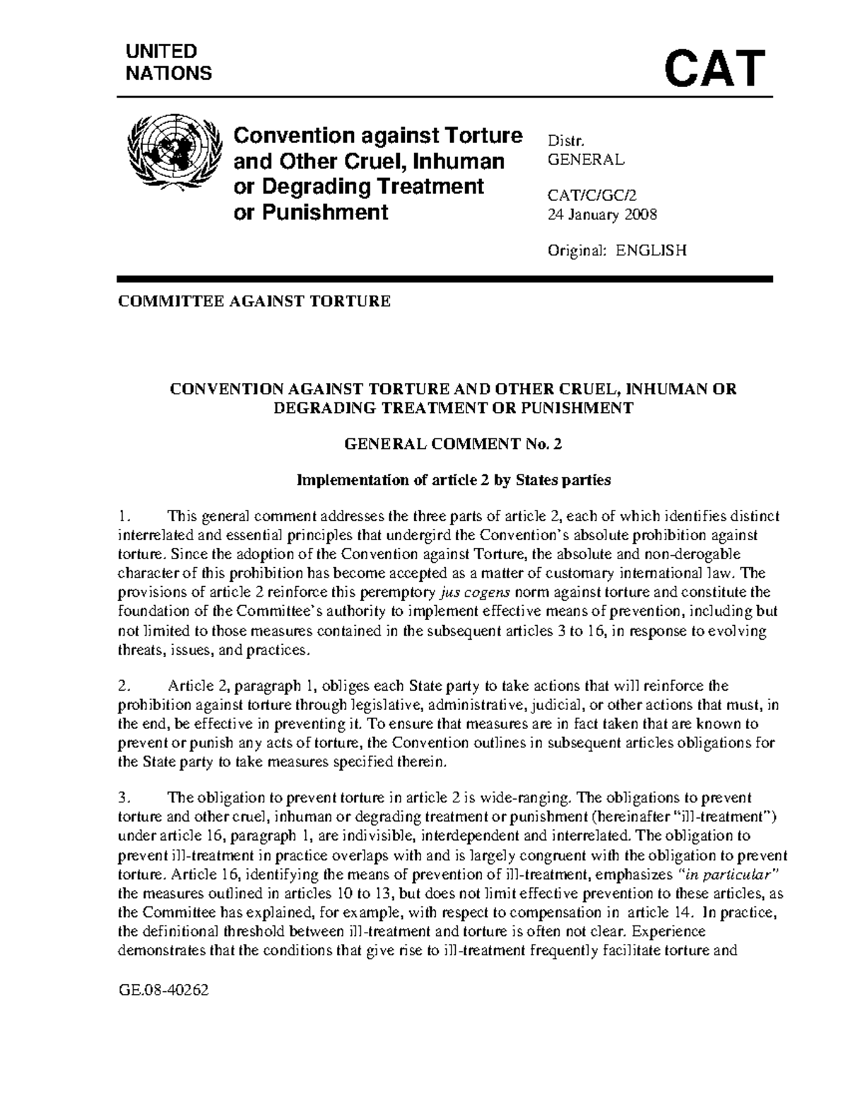 General Comment No. 2 on the Implementation of Article 2 of the CAT ...