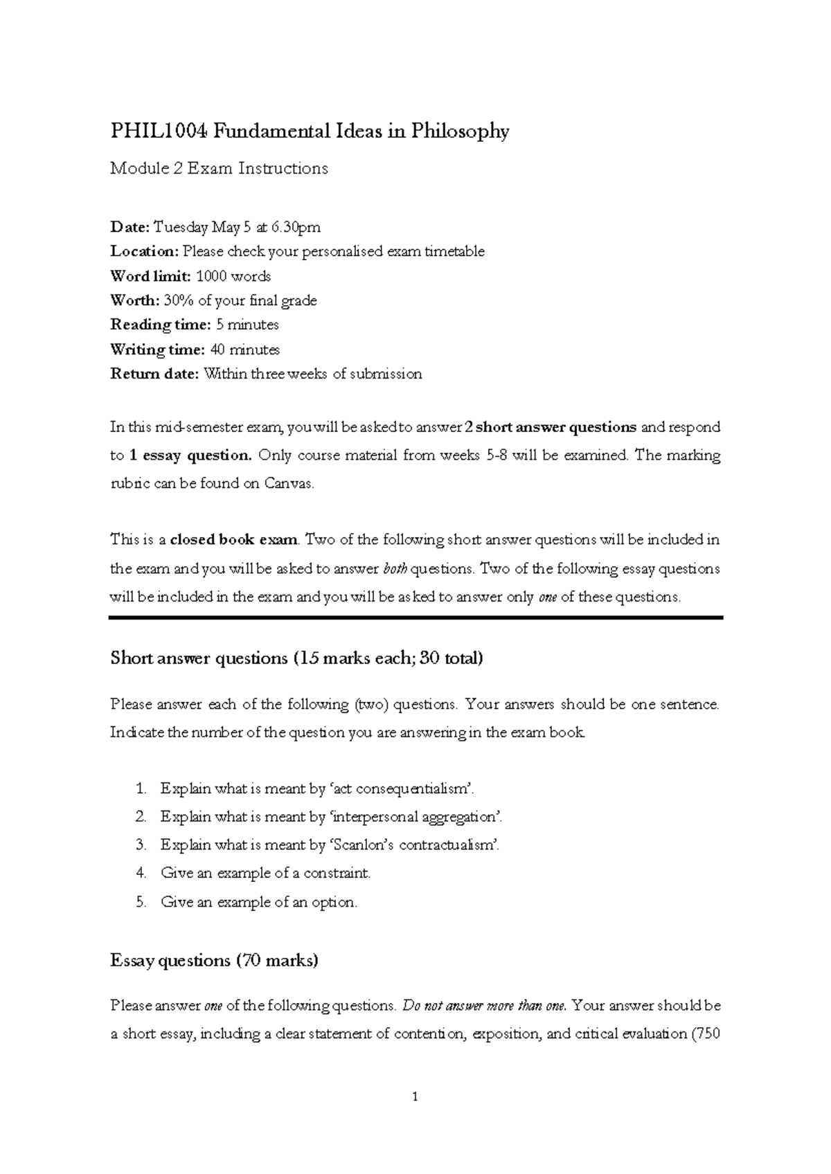PHIL1004 Module 2 Exam Instructions and Guidelines - Studocu