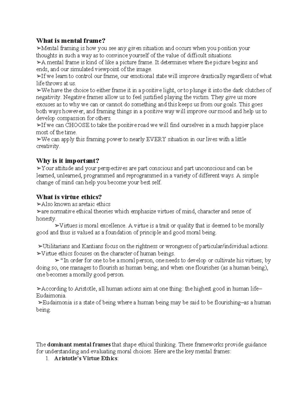 Classification of Dominant Mental Frames in Ethical Thinking - Studocu