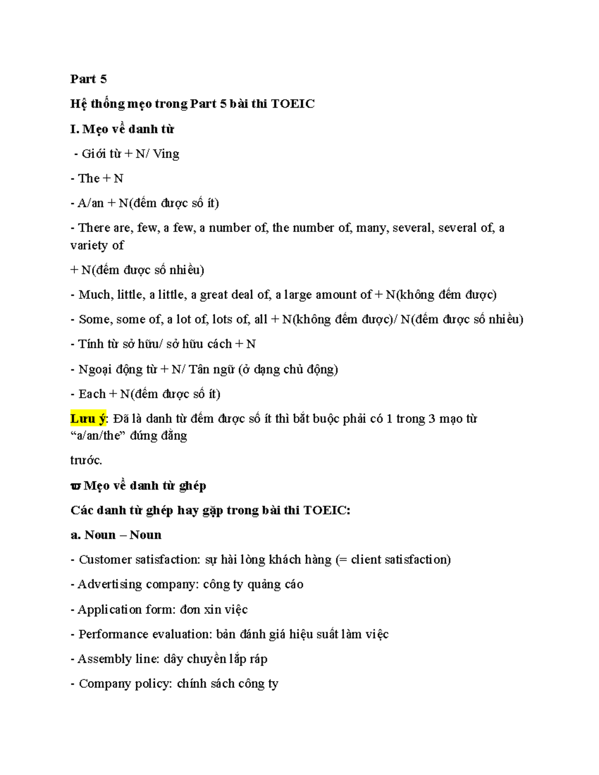 Ngữ pháp ôn toiec - Part 5 Hệ thống mẹo trong Part 5 bài thi TOEIC I. Mẹo về danh từ Giới từ + N ...