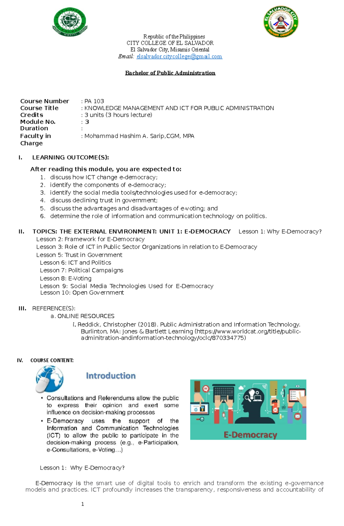 PA 103 Module 3 Week 34: ICT's Impact on E-Democracy in Public Admin - Studocu