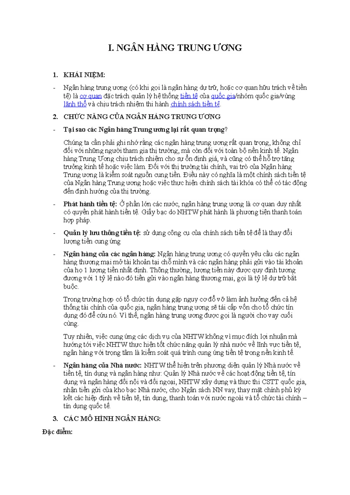 Tìm hiểu về Ngân hàng Trung ương nói chung và NHTW Việt Nam - I. NGÂN ...