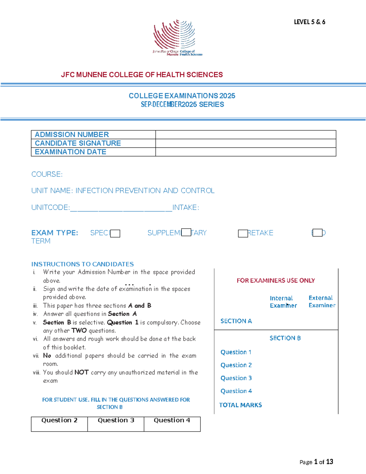 END TERM EXAM: Infection Prevention and Control (Level 5) - Studocu