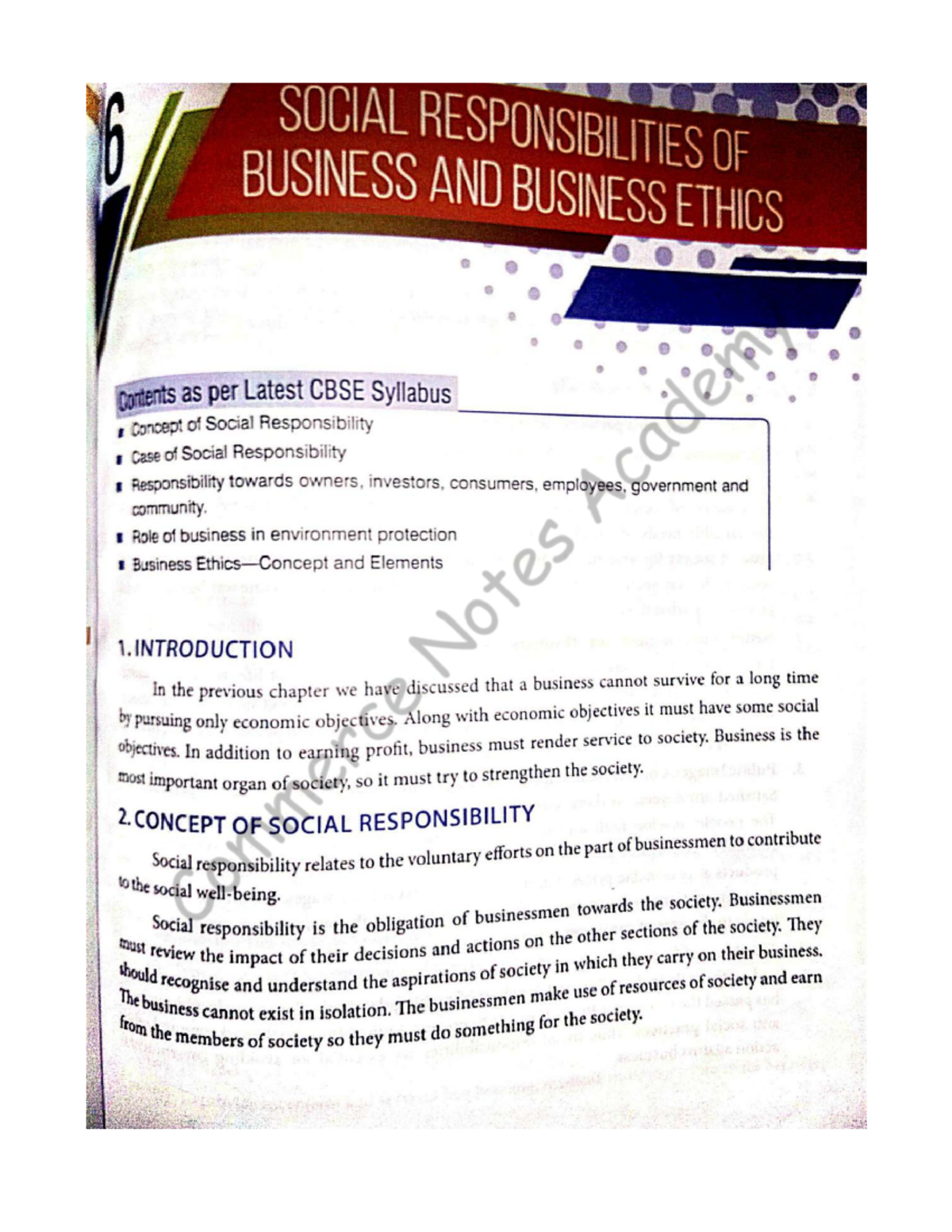 Business Studies: Social Responsibility & Ethics (Class XI) Notes - Studocu