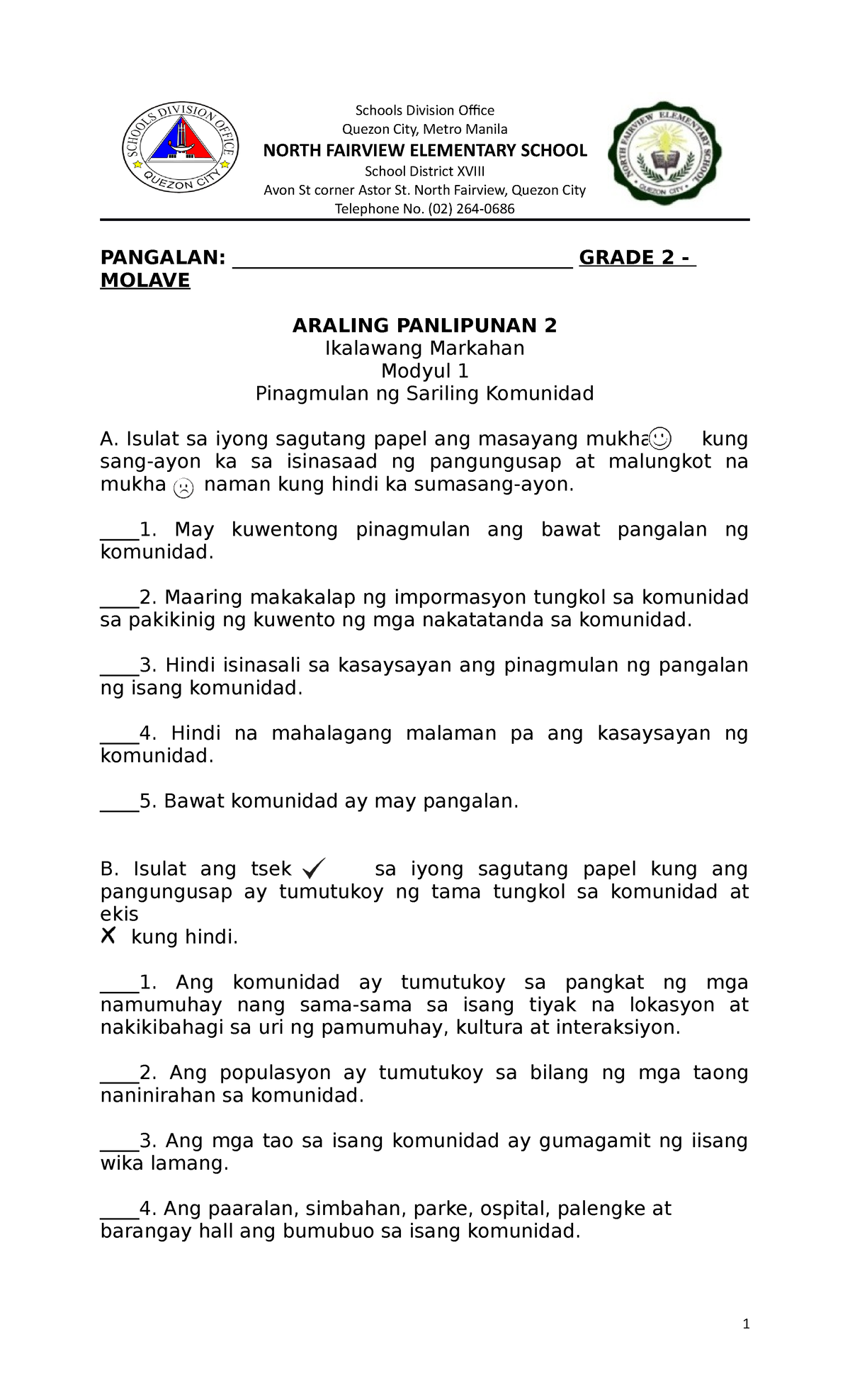 Grade 2 Q2-WEEK 1 Activity Sheets – Araling Panlipunan & Edukasyon ...