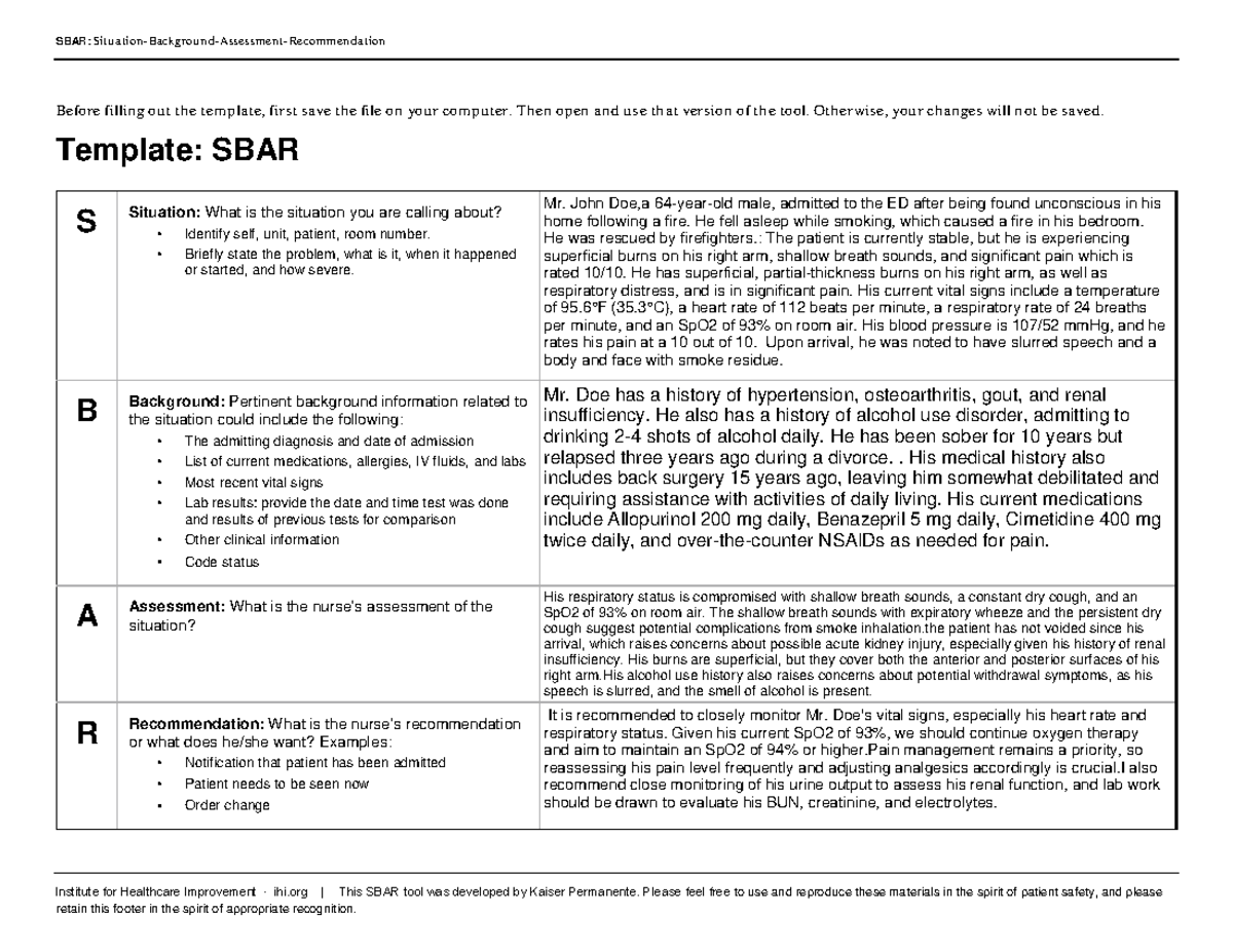 SBAR report-Burns - SBAR report for course assignments - SBAR: - Studocu