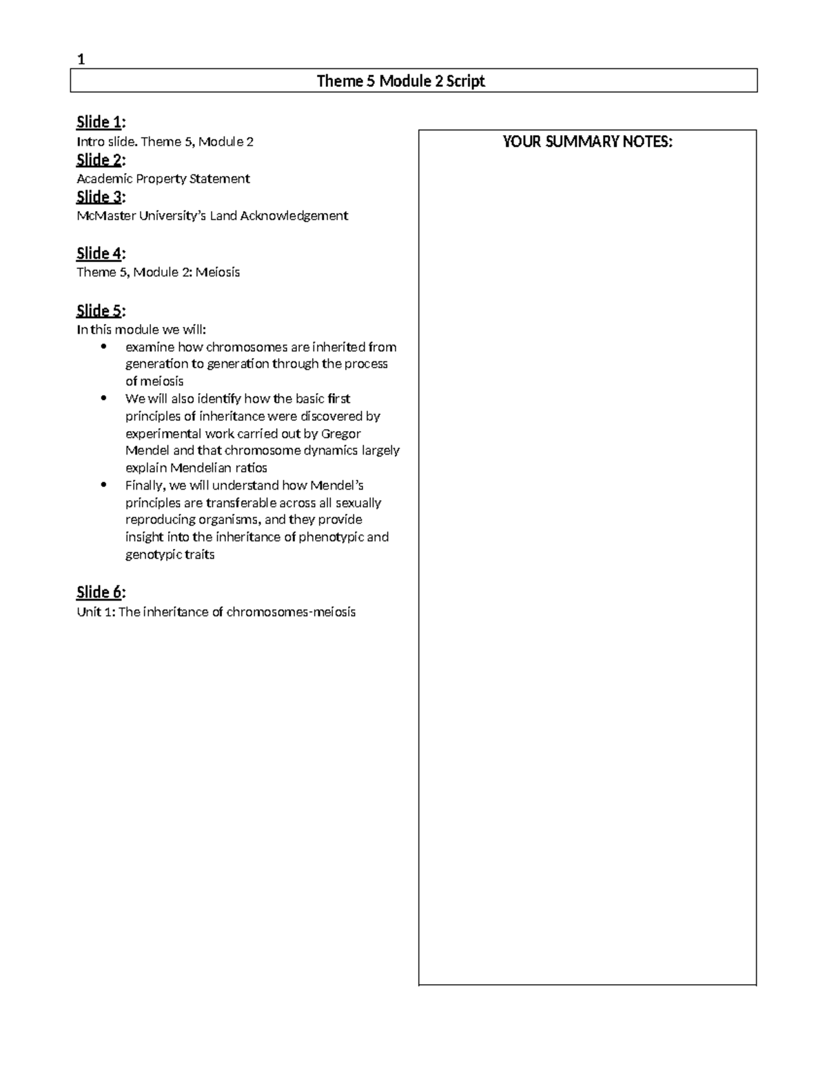 Theme 5 Module 2 Script: Understanding Meiosis and Mendelian Genetics ...