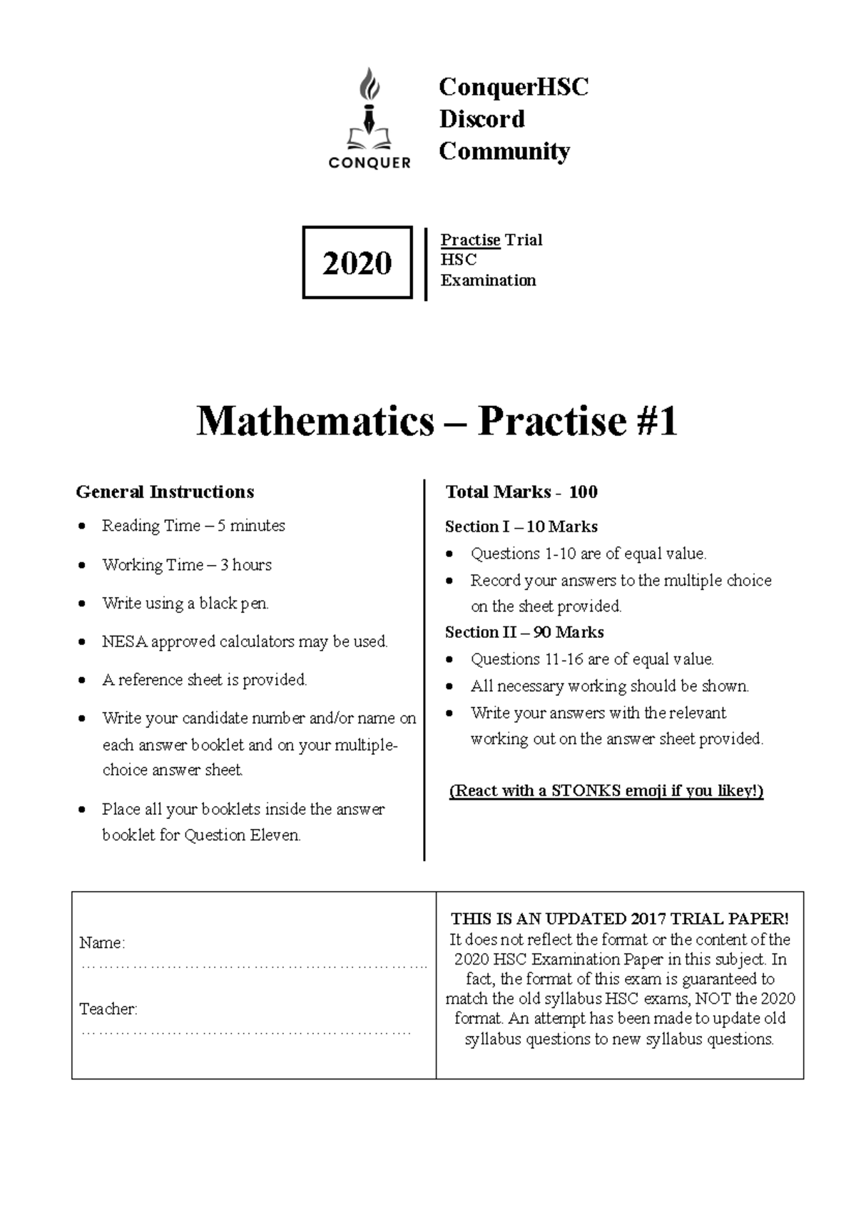 Conquer ADV Paper 1 - ConquerHSC Discord Community Mathematics – Practise General Instructions x ...