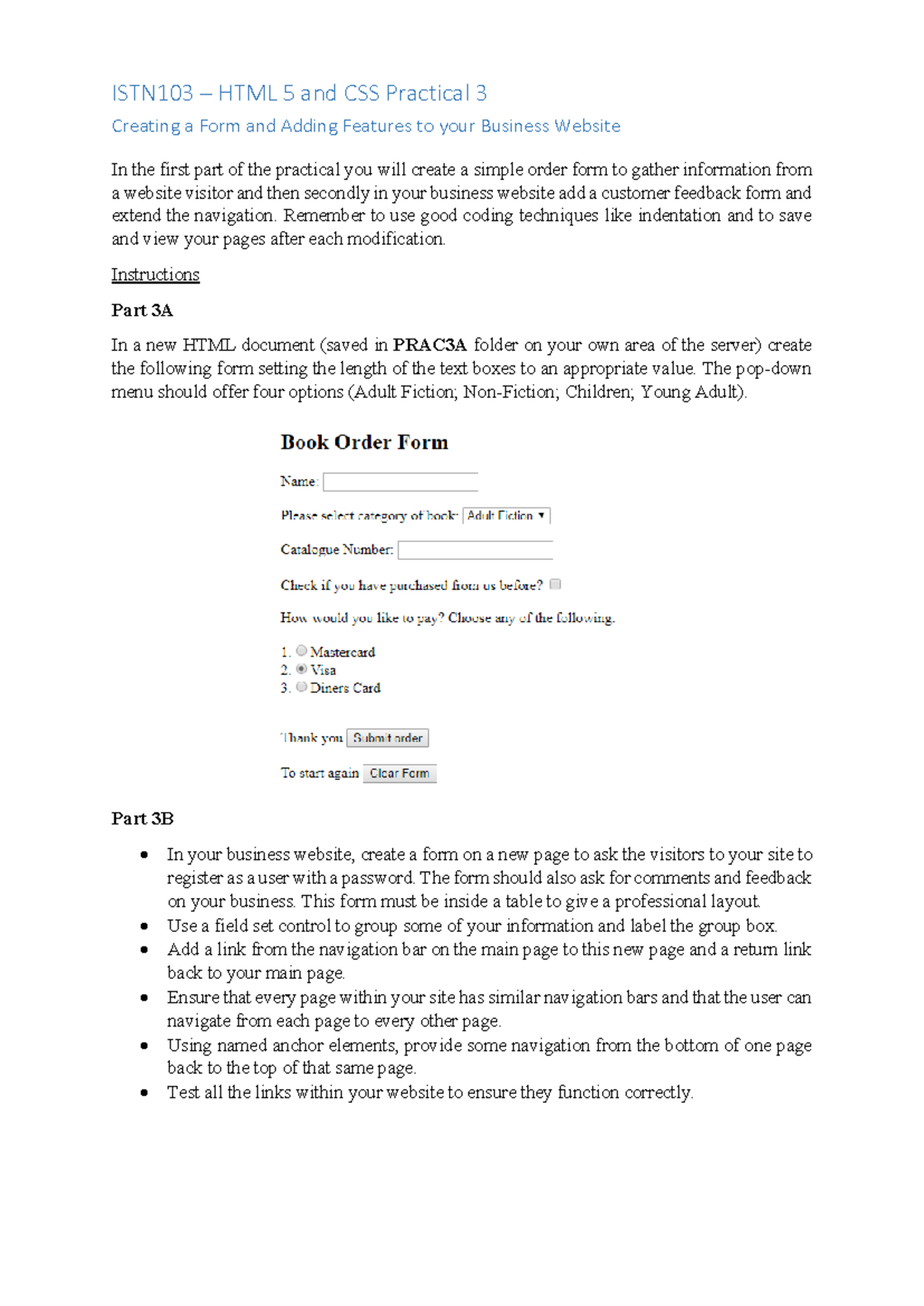 ISTN103 HTML5 & CSS Practical 3: Creating Forms for Your Website - Studocu