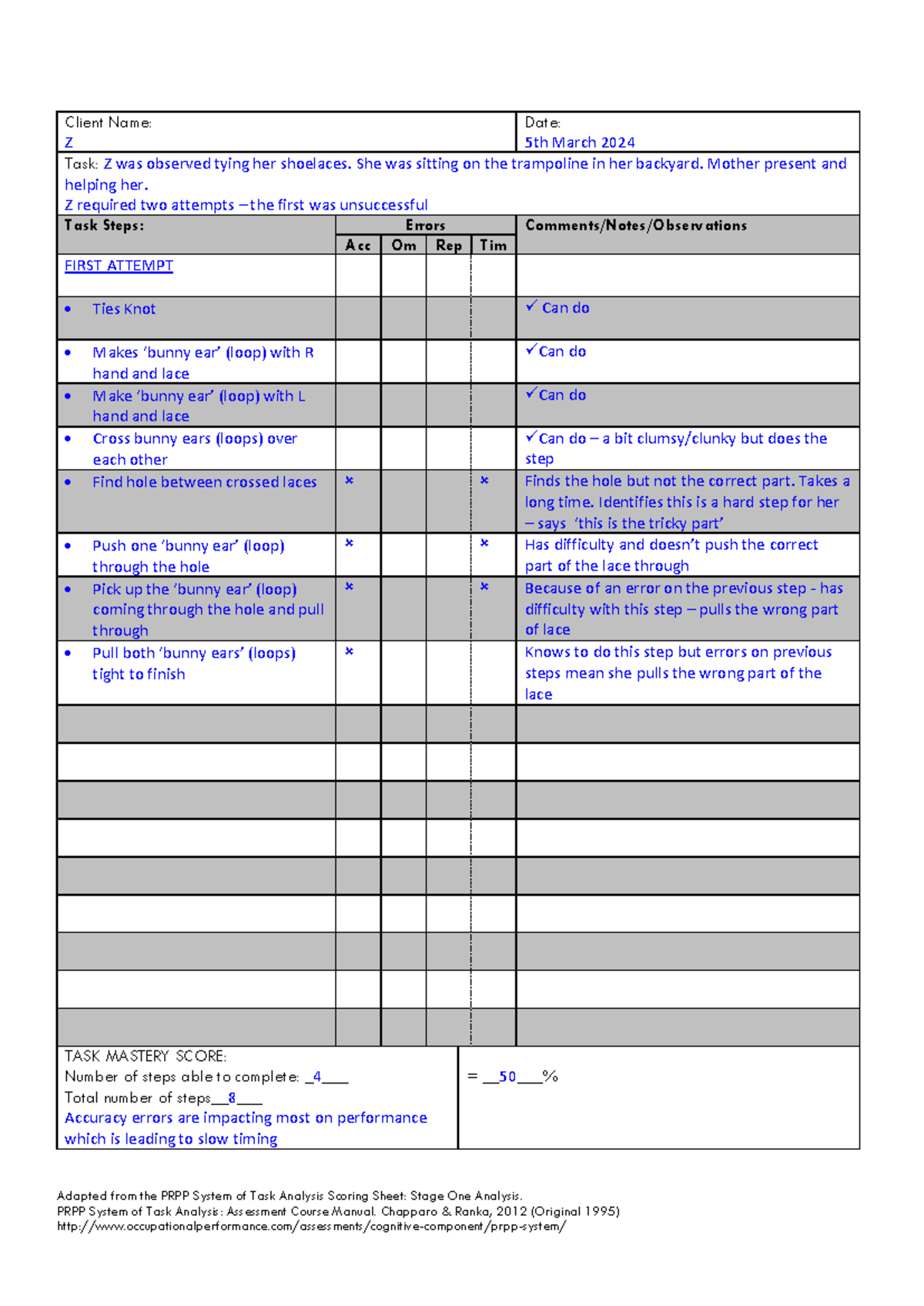 Performance Analysis of Task: Tying Shoelaces (Case Study) - Studocu