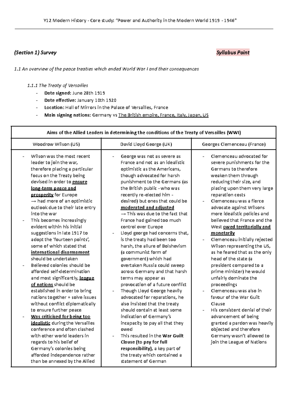 Y12 Modern History Core study: peace treaties and their impact post WWI ...