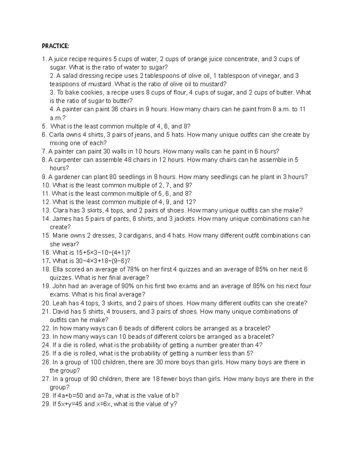 Practice MATH- Essentials - PRACTICE: A juice recipe requires 5 cups of ...