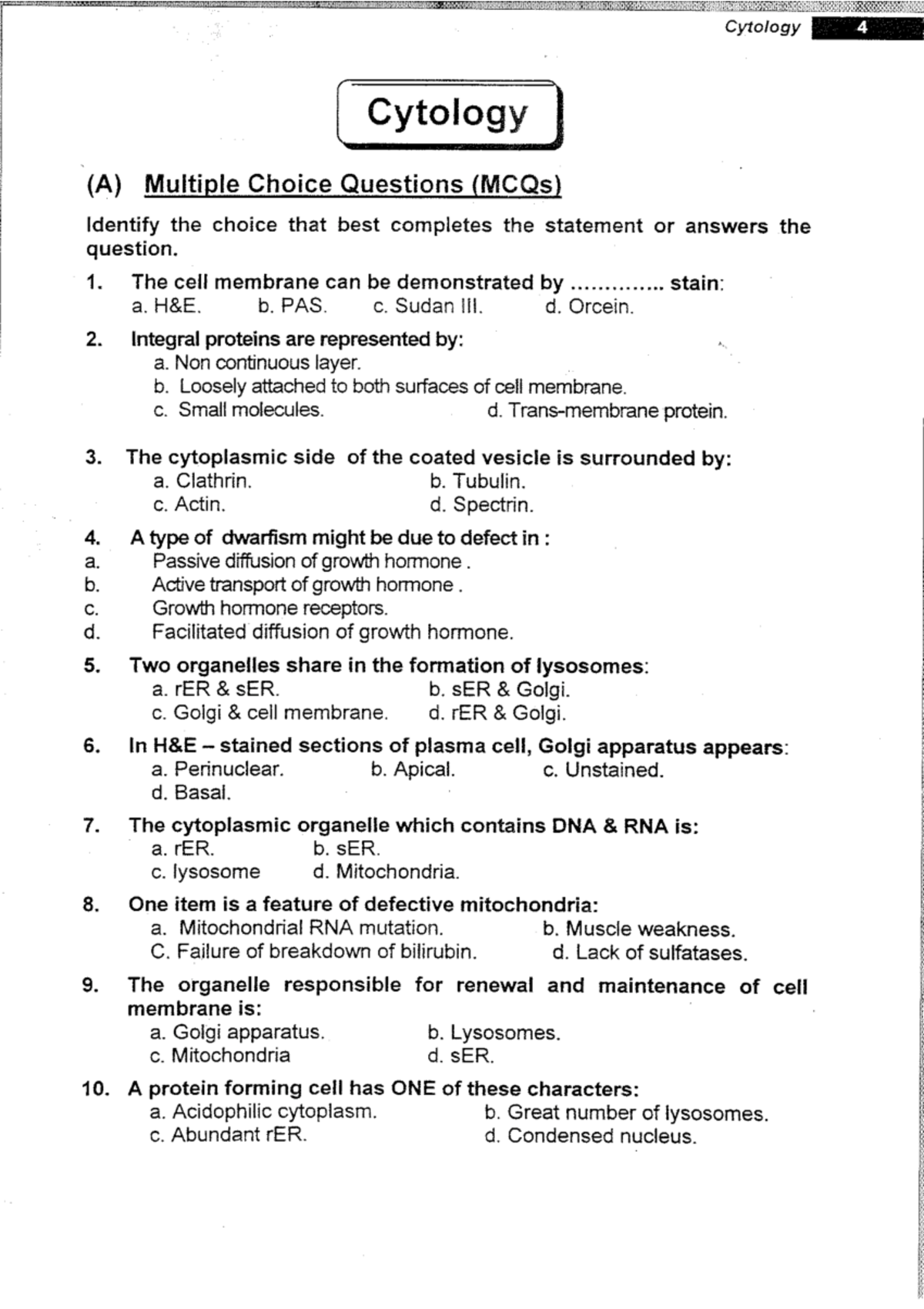 Histo MCQ [Cytology] - Histology - Studocu
