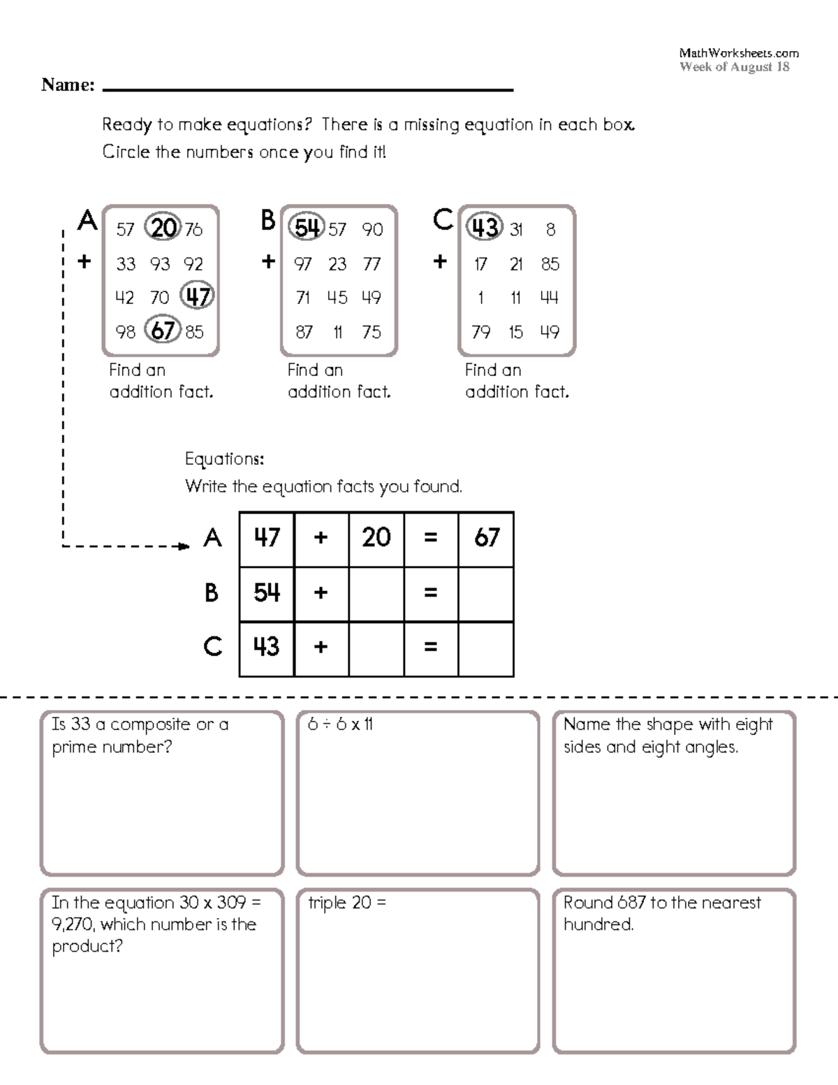 Math Worksheets for the Week of August 18 - Studocu
