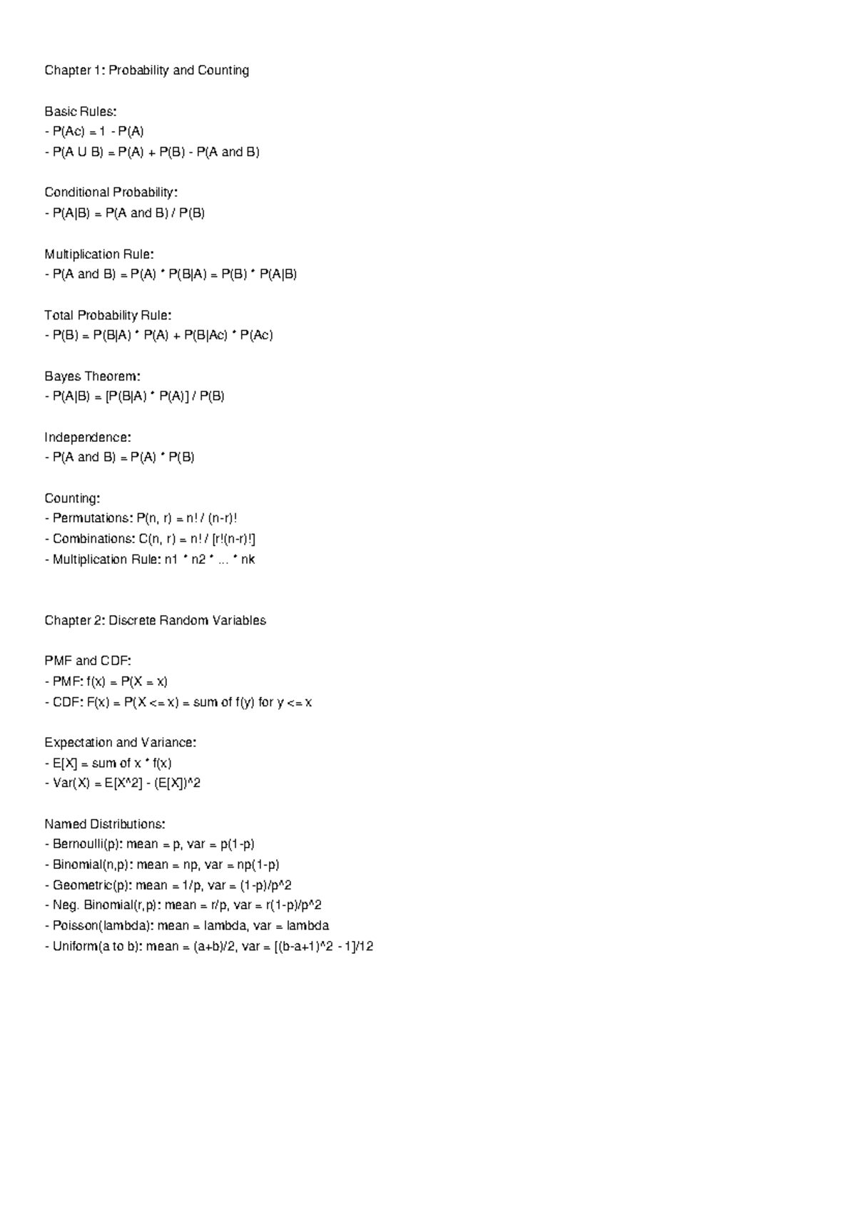 MAT2377 Cheat Sheet: Probability, Counting, and Random Variables - Studocu