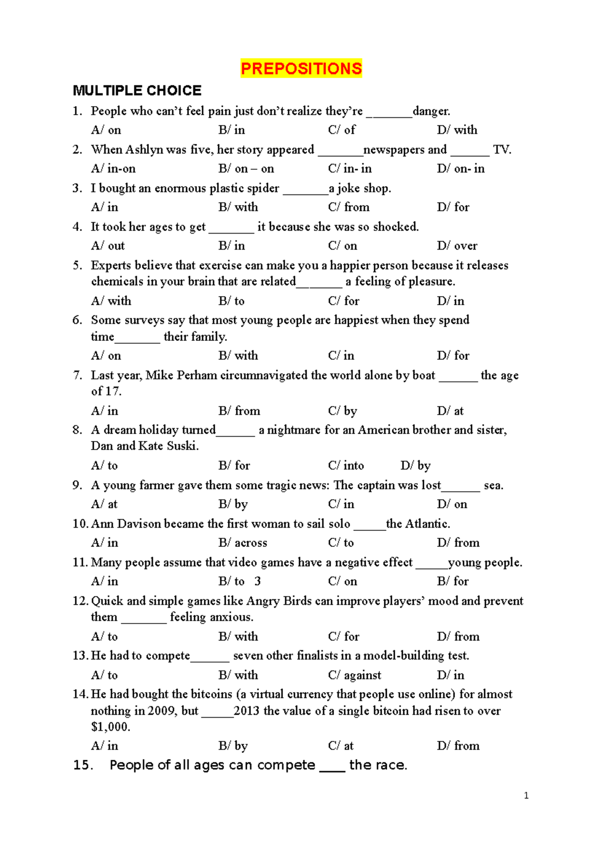 Multiple Choice - Prepositions - PREPOSITIONS MULTIPLE CHOICE People ...