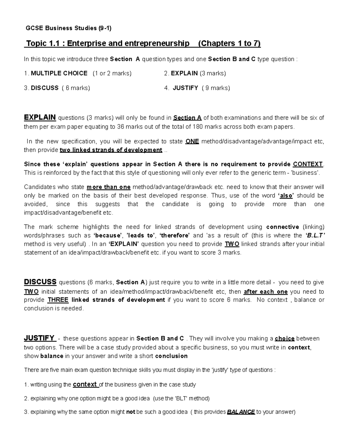 GCSE 9-1 Business Studies Topic 1.1 Test: Enterprise & Entrepreneurship ...
