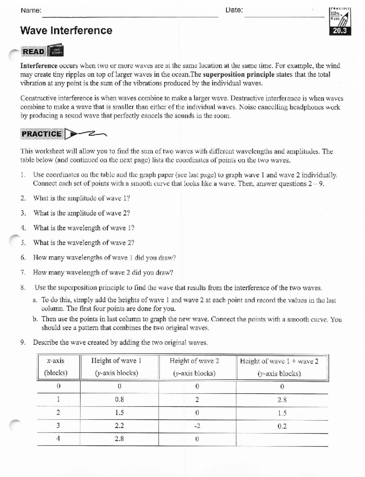 Wave Interference Worksheet 2.3.3: Practice & Superposition Principles ...