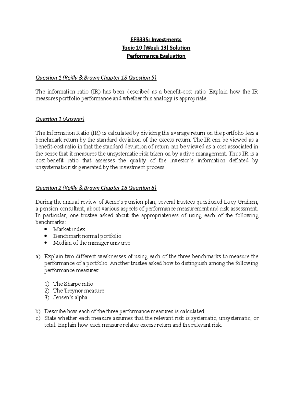 Tutorial 10 Solutions - EFB335: Investments Topic 10 (Week 13) Solution ...