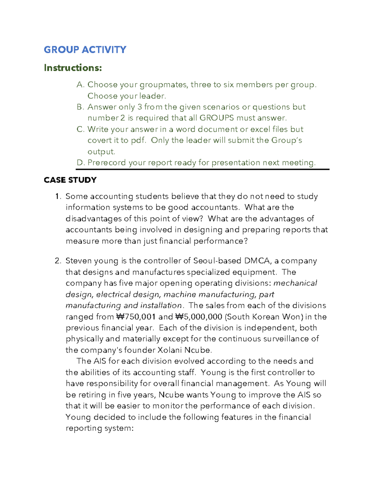 Group Activity(Module 3 & 4) - GROUP ACTIVITY Instructions: A. Choose ...