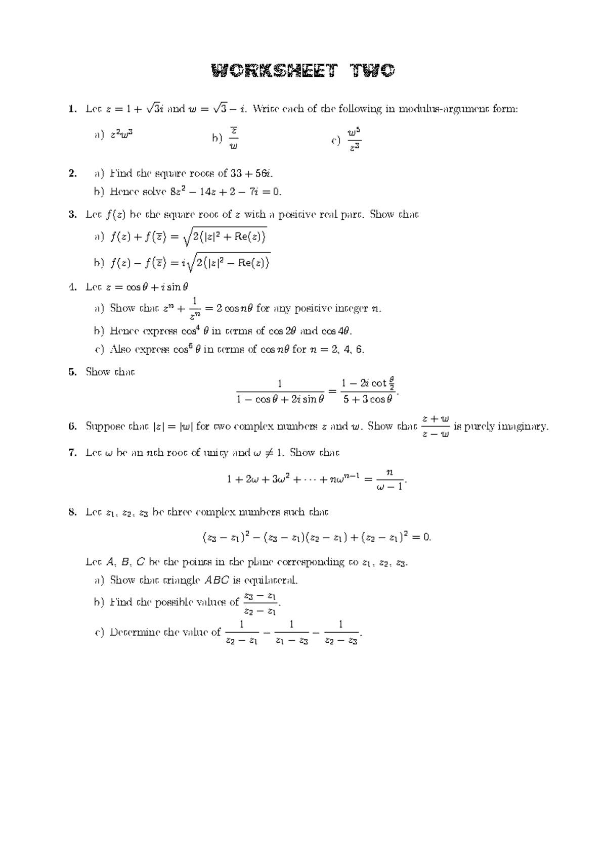 Complex Numbers Worksheet 2: Advanced Problems and Solutions - Studocu