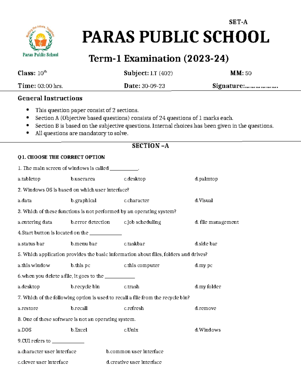 IT (402) 10th Class Exam Set 1 - Question Paper - Studocu