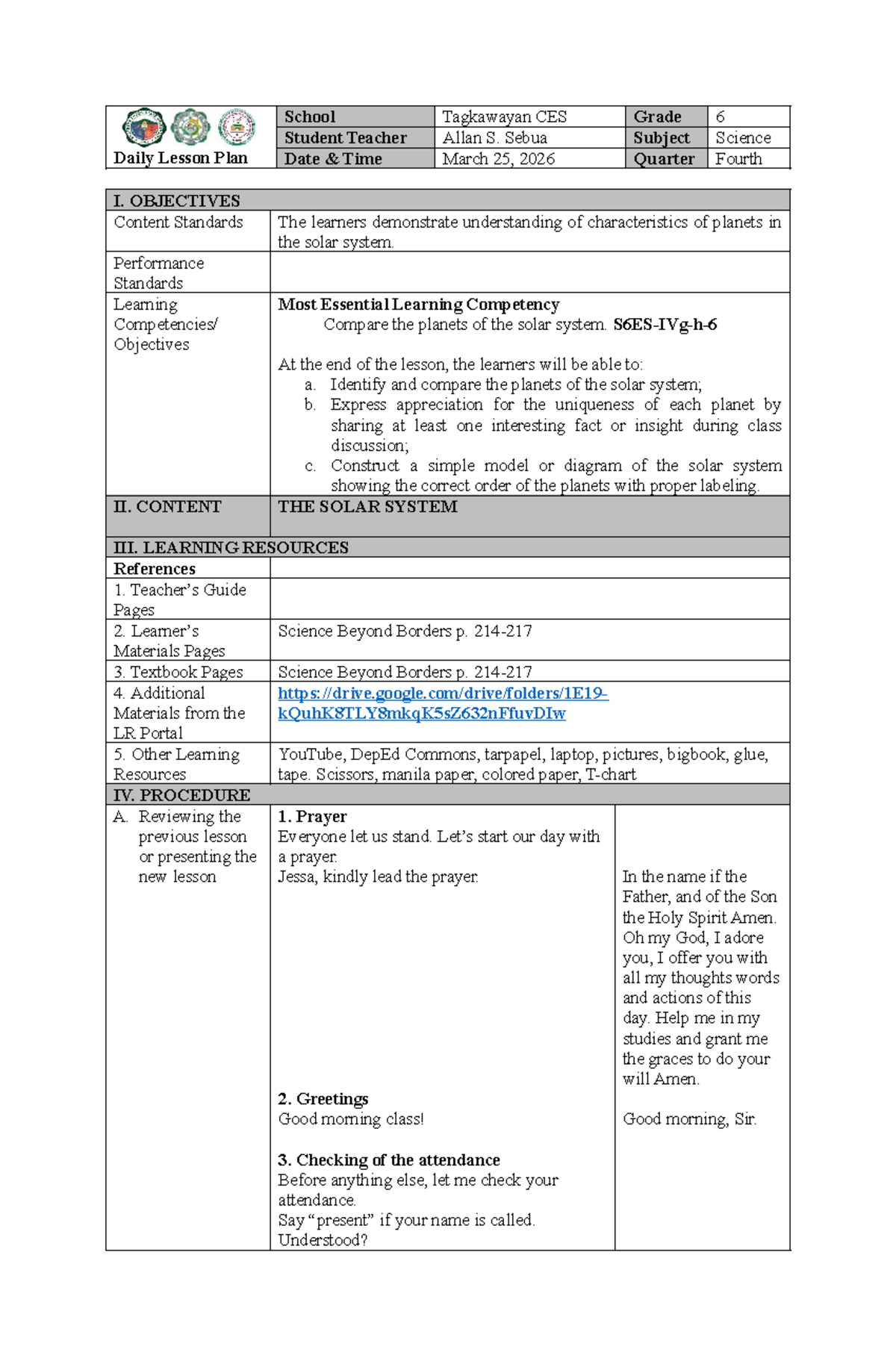 Daily Lesson Plan: Exploring the Solar System - Science 6 - Studocu