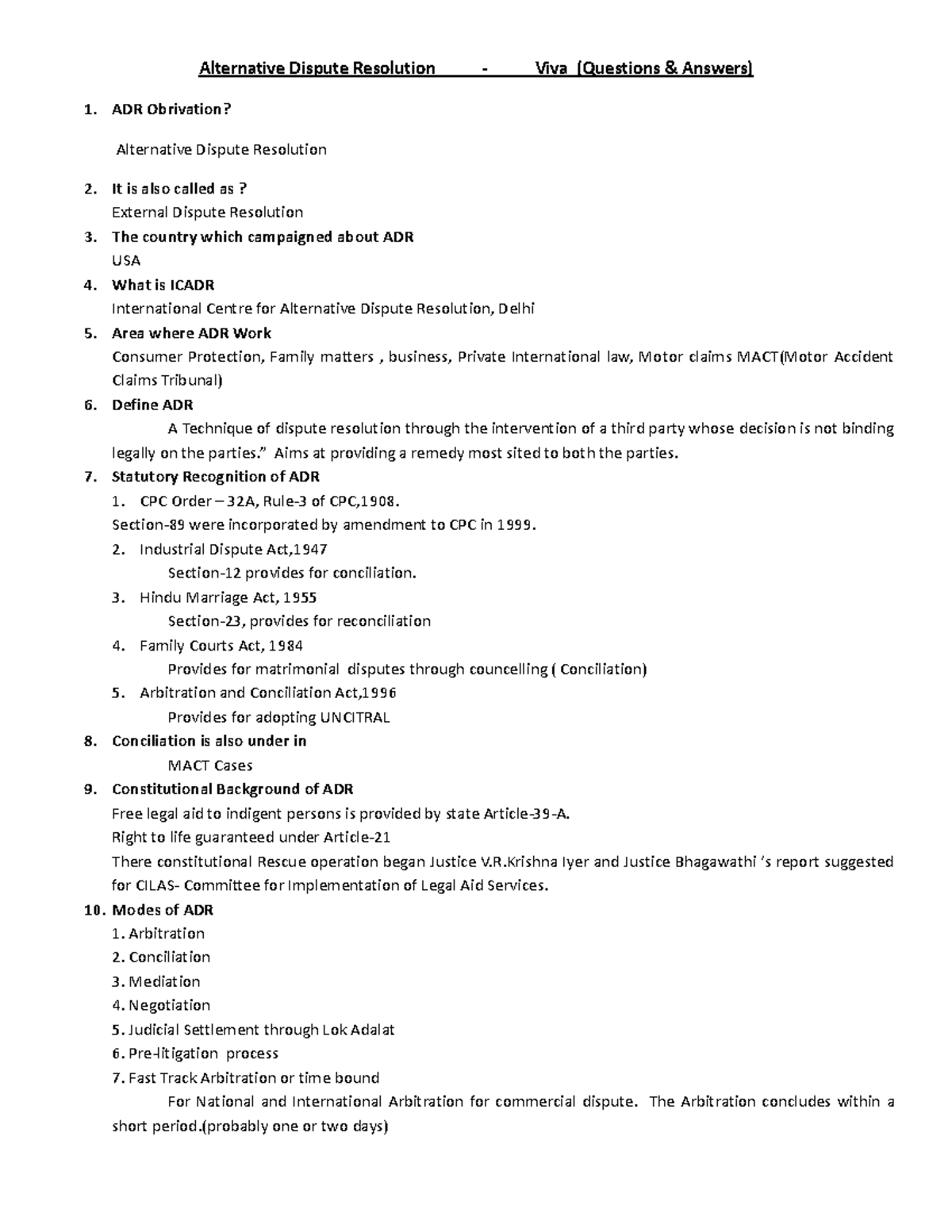 ADR Viva Q&A: Key Concepts and Techniques in Dispute Resolution - Studocu