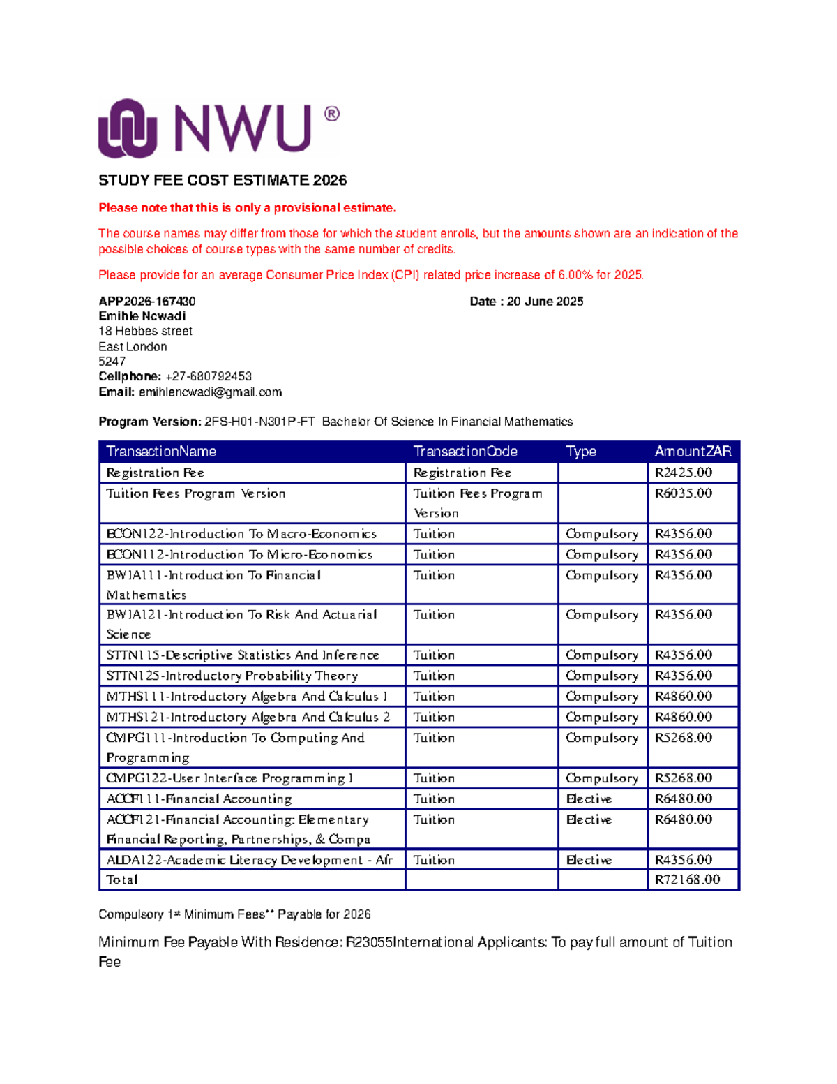 Fee Quotation Estimate for 2026 - BSc in Financial Mathematics - Studocu