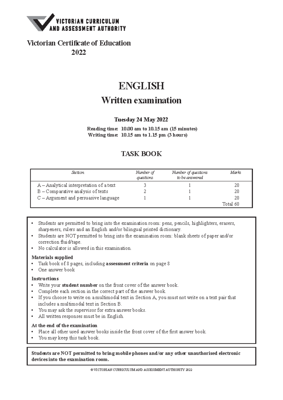 2022-vcaa-nht - practice exam for vce english 2022 - ENGLISH Written ...