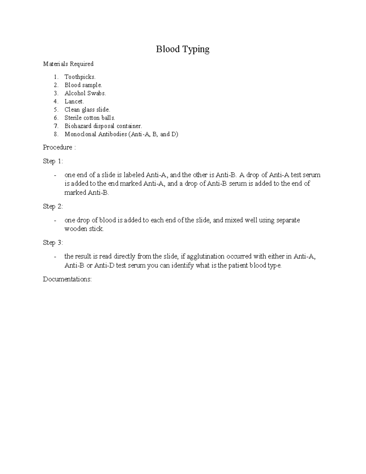 Blood Typing Procedure and Materials for Lab Practice - Studocu