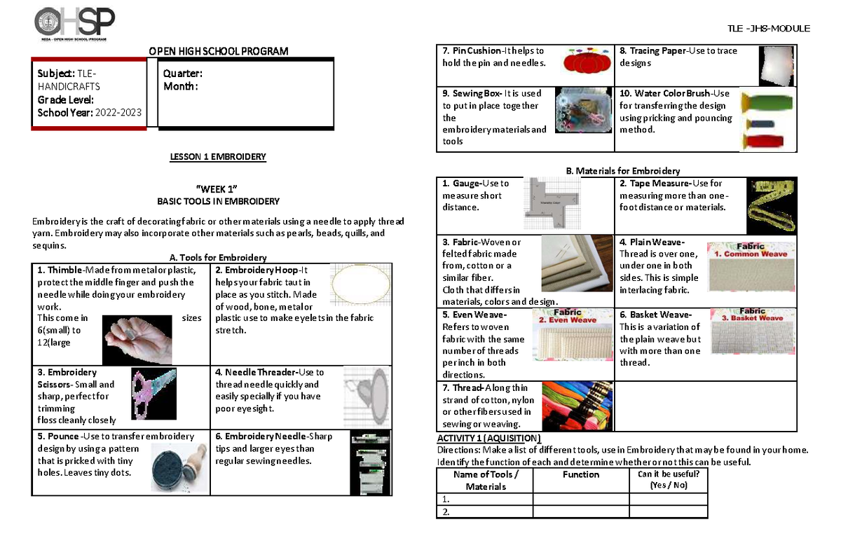 G7 TLE Handicrafts Module: Essential Tools and Techniques for ...