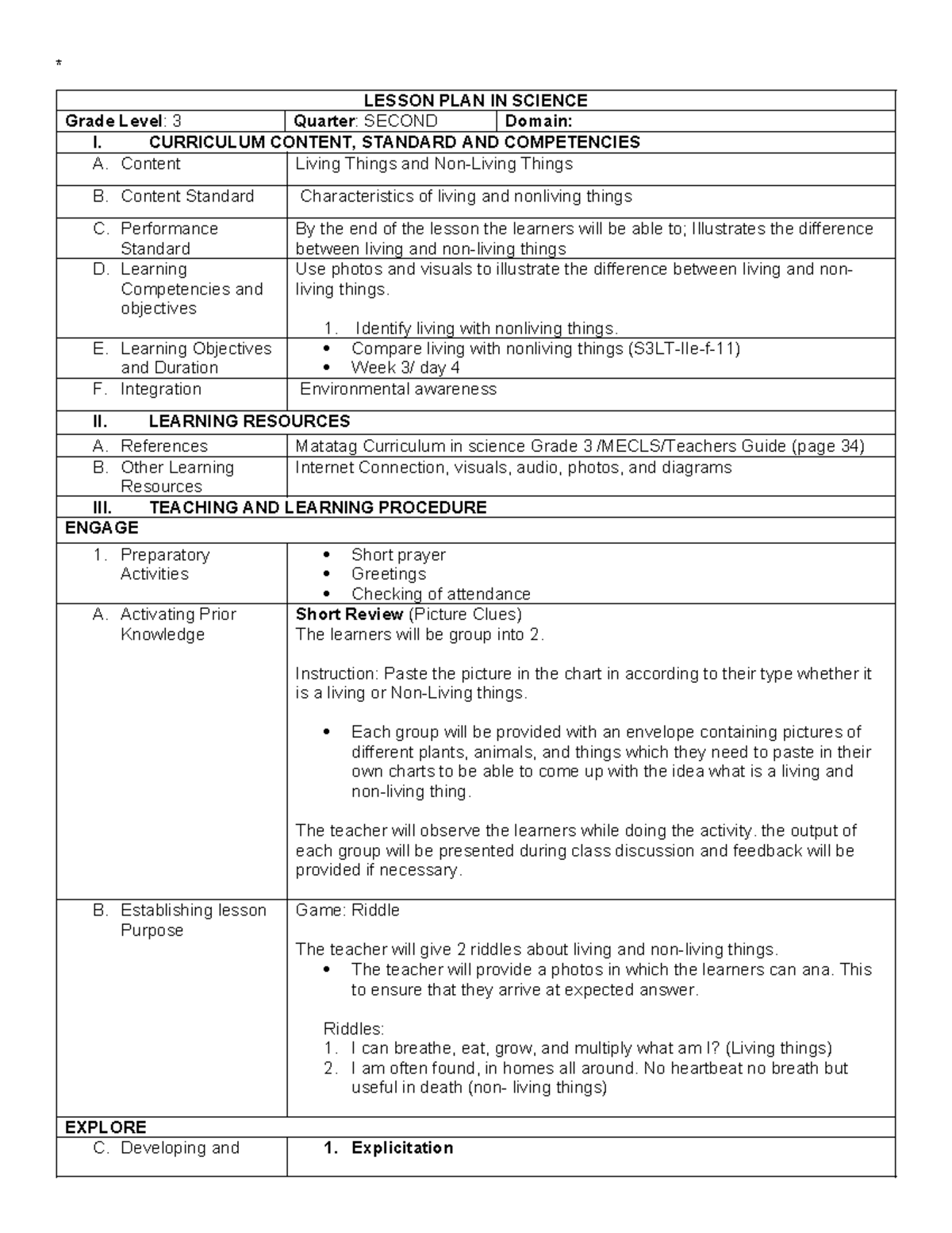 LP Science Lesson Plan: Living vs. Non-Living Things (Grade 3) - Studocu