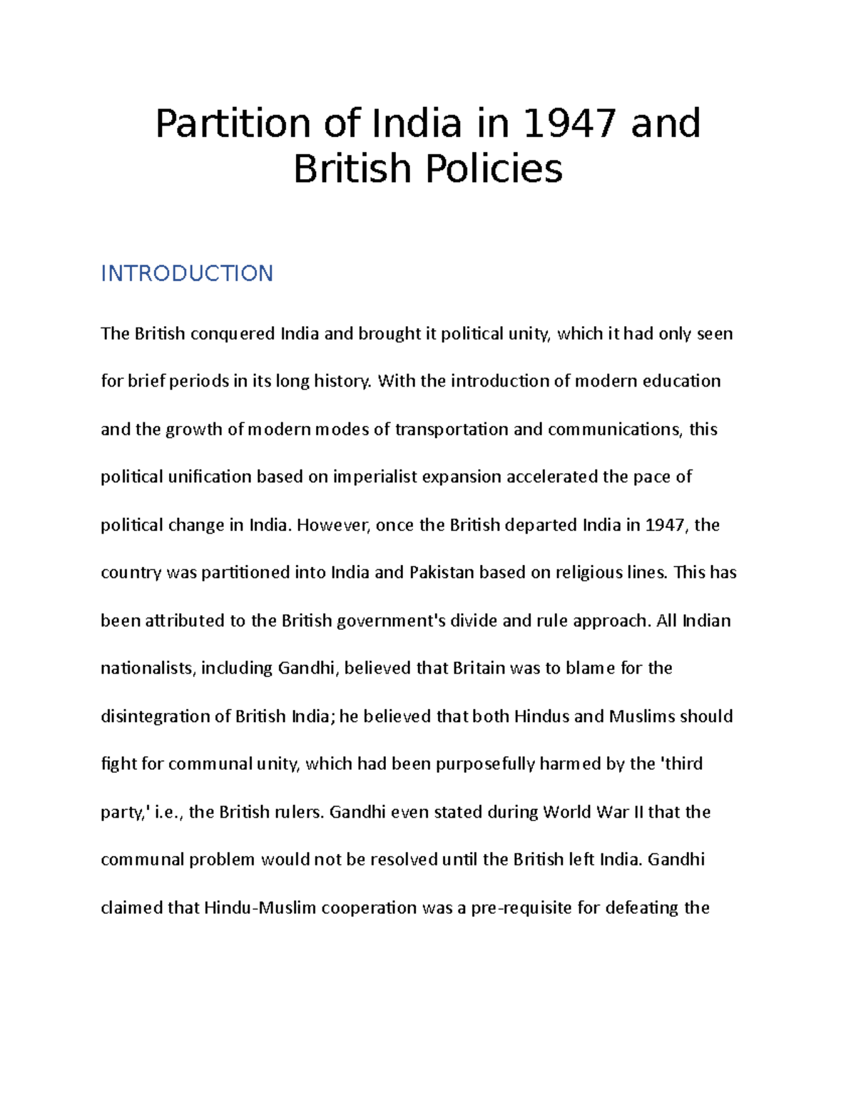 Partition of India in 1947: British Divide and Rule Policies - Studocu