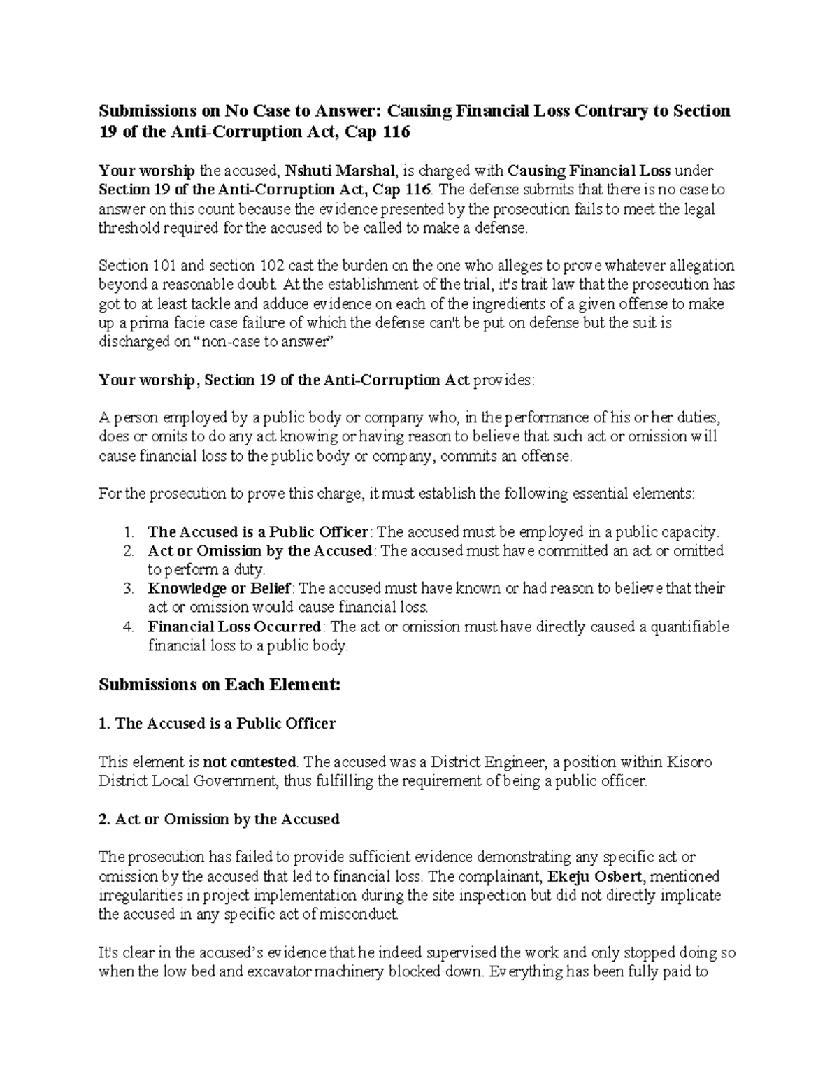 Submissions on Prima Facie Case in Anti-Corruption Act, Cap 116 - Studocu