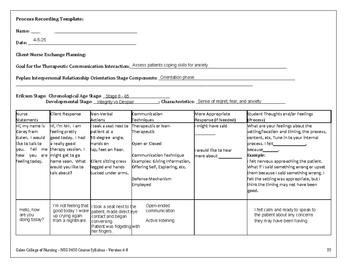 NSG 3450 Process Recording: Therapeutic Communication with Patients ...