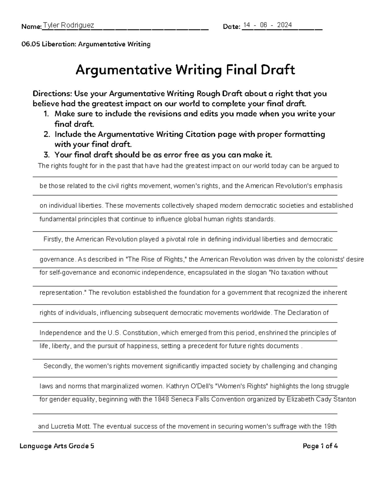 06.05 Argumentative Writing Final Draft: Impact of Key Rights - Studocu