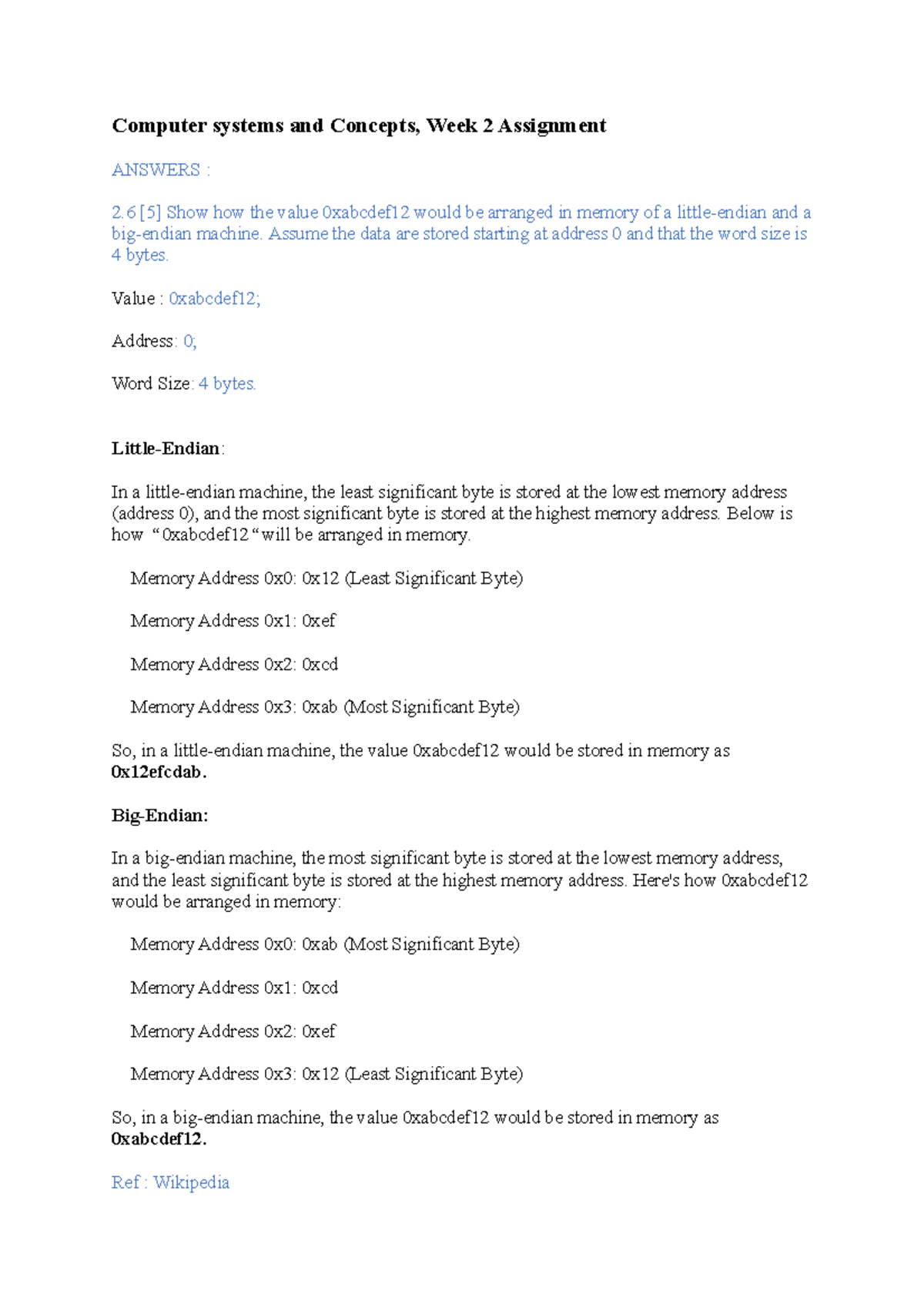 Compuer Sys HW W2 - conputer sys and concepts assignemnt - Computer systems and Concepts, Week 2 ...