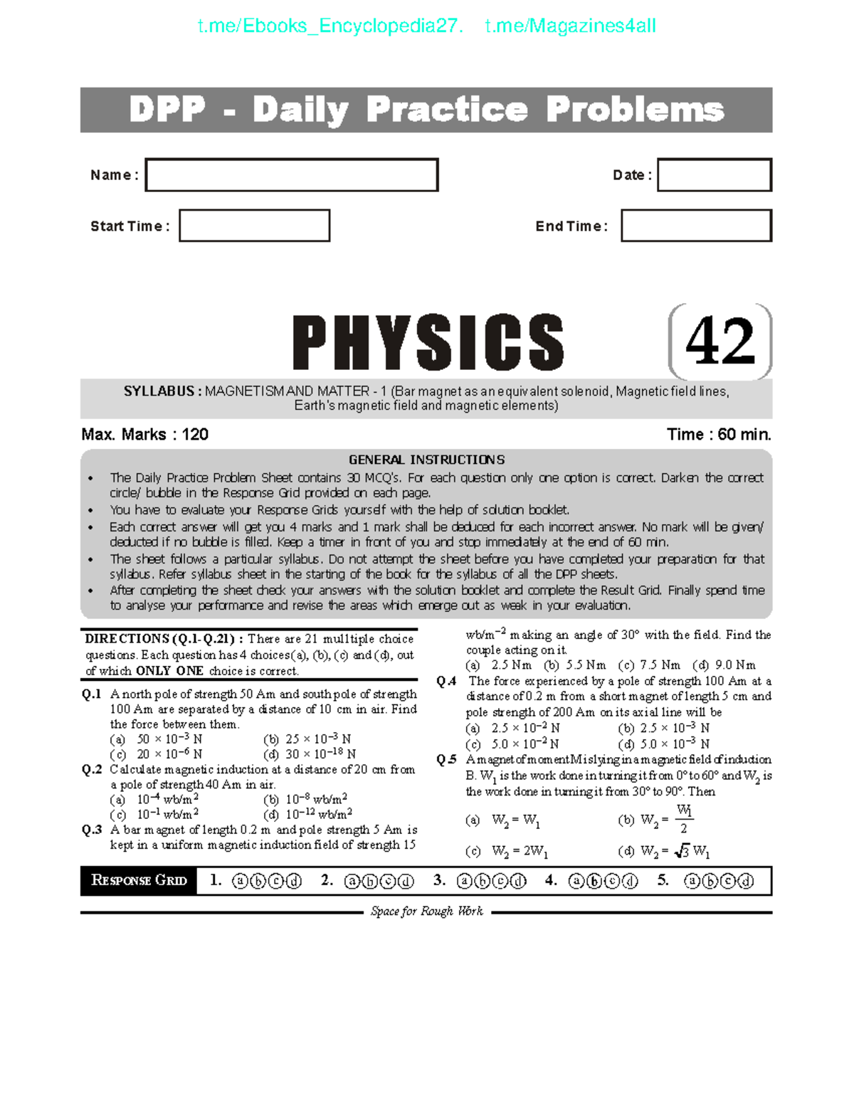 Magnet 2 DPP - Nice - SYLLABUS : MAGNETISM AND MATTER - 1 (Bar magnet ...