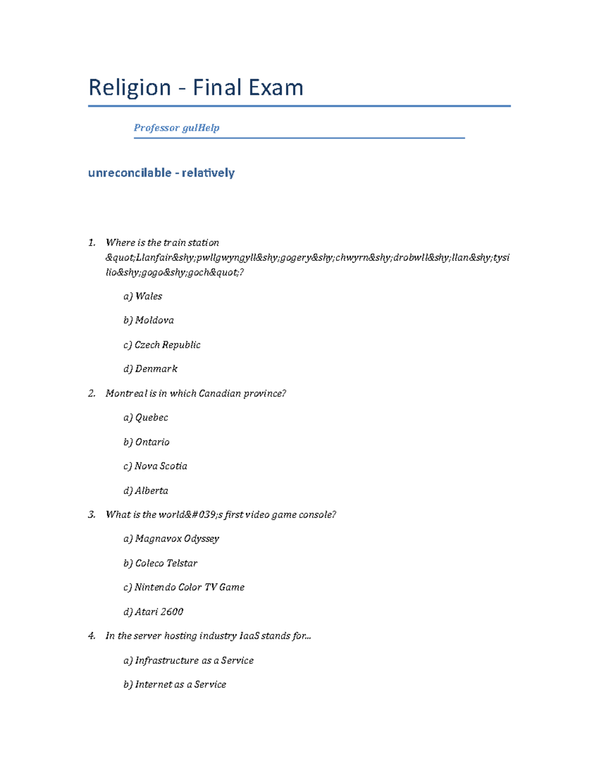 Electronics Project - Winter Semester 2000 - Religion - Final Exam ...
