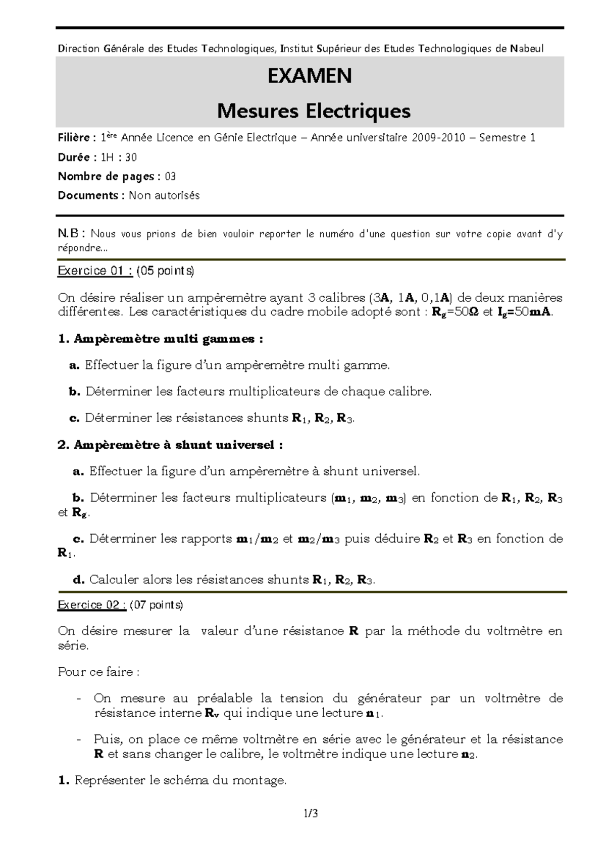 Examen Mesures Électriques 1ère Année Licence en Génie Électrique 2009 ...