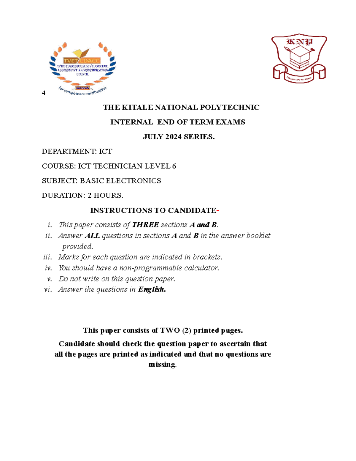 ICT 6: Internal End of Term Exam - Basic Electronics July 2024 - Studocu